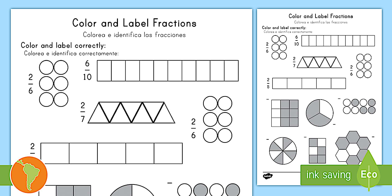 Color and Label Fractions Worksheet / Worksheet - English/Spanish