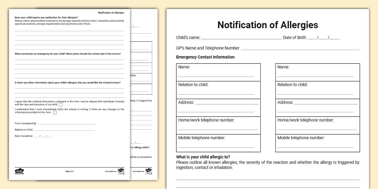 Notification of Allergies Form (teacher made) - Twinkl