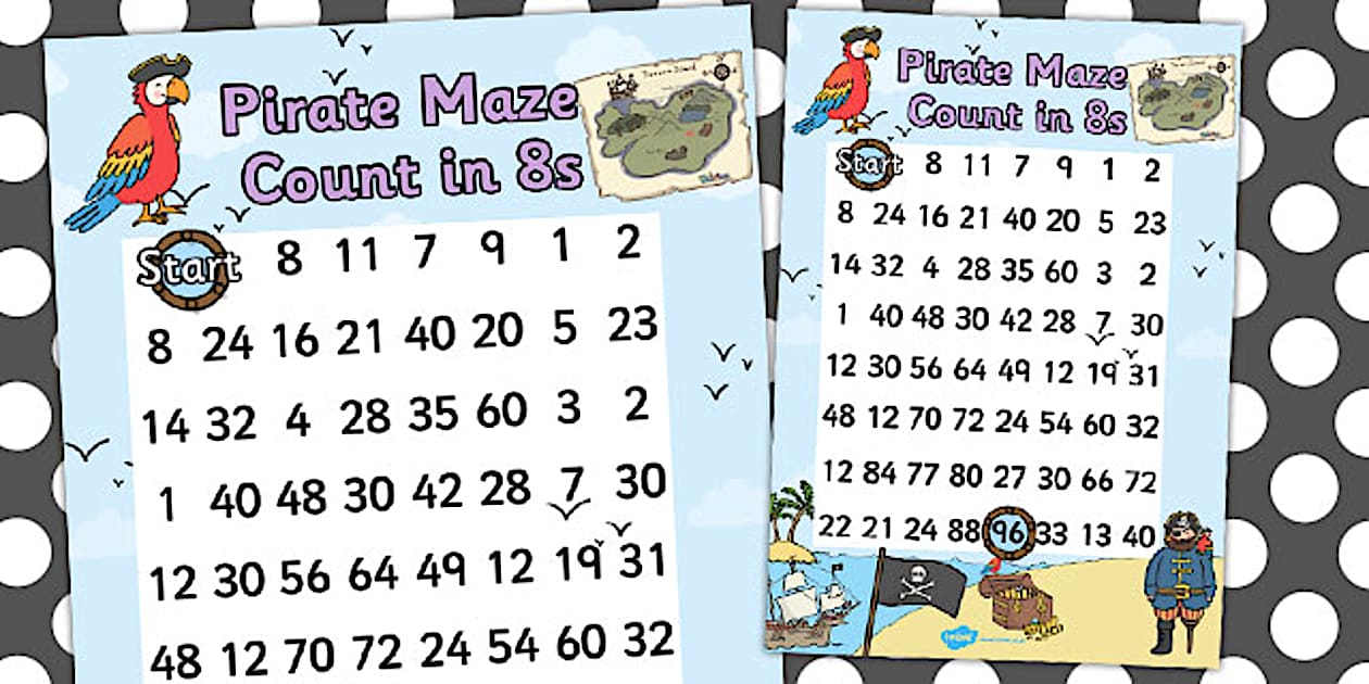 Pirate Themed Counting in 8s Maze Worksheet (teacher made)