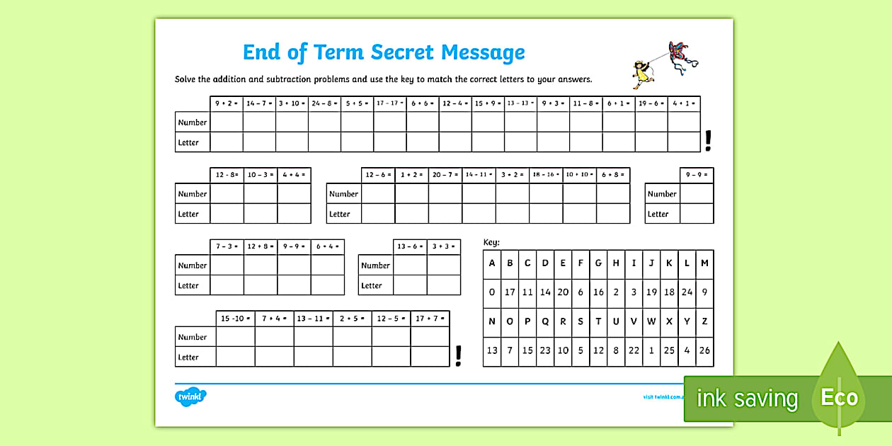 Addition and Subtraction End of Year Secret Message Worksheet / Worksheet