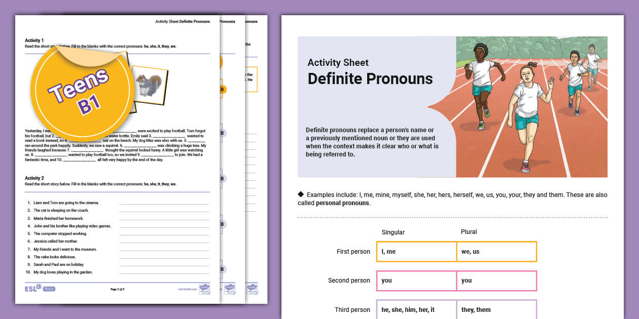 ESL Definite Pronouns Activity Sheet for Teens - Twinkl