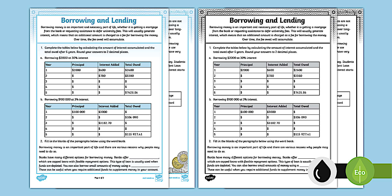 Borrowing and Lending Activity (teacher made) - Twinkl