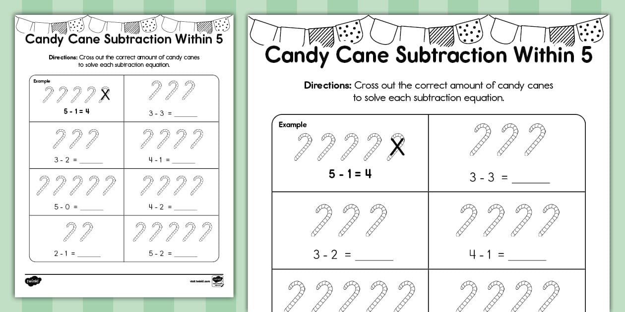 Kindergarten Candy Cane Subtraction Within 5 Activity