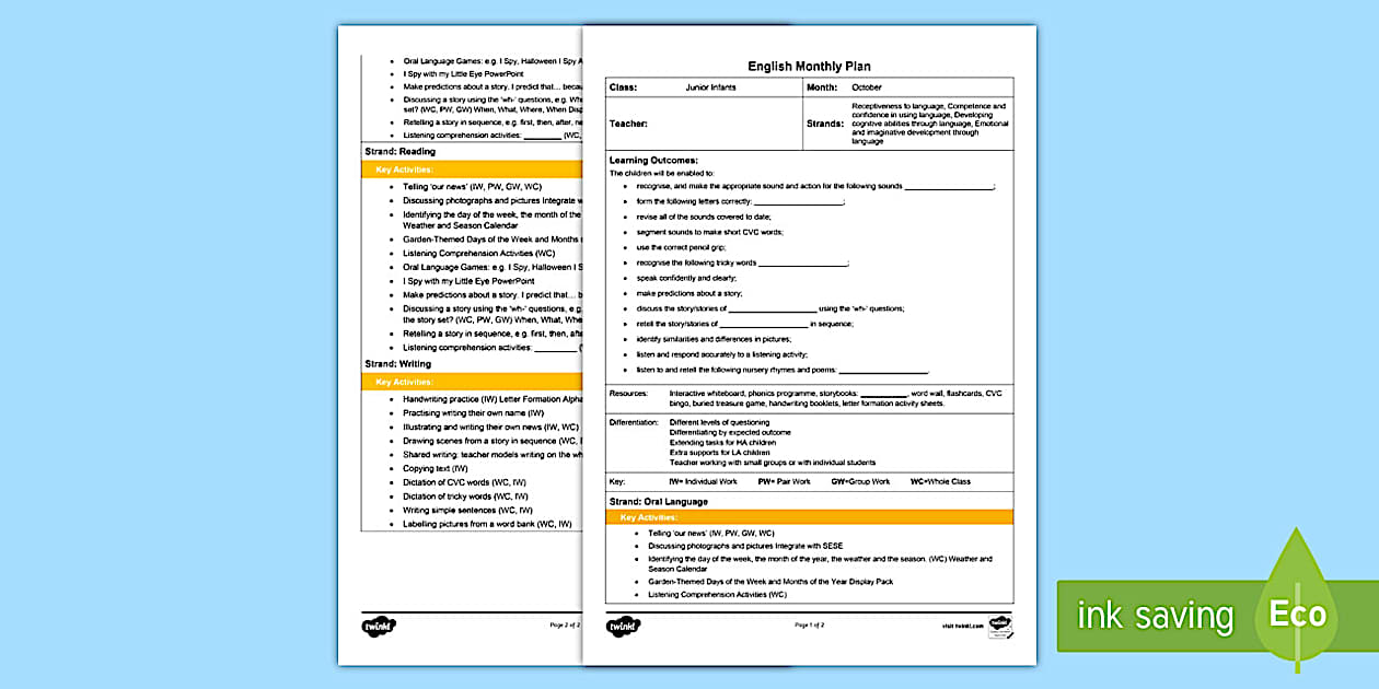 Junior Infant English October Monthly Planning Template