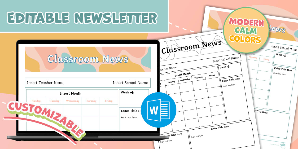 Modern Calm Colors Editable Newsletter (teacher made)
