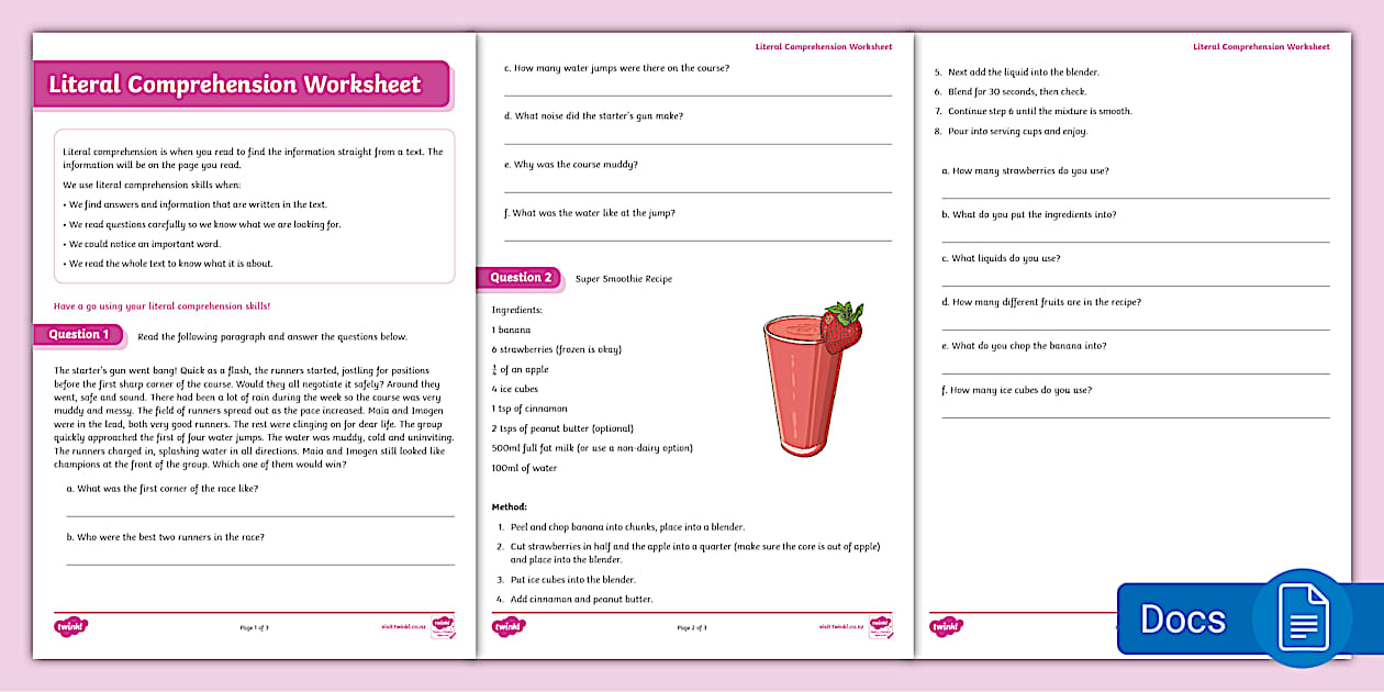 Reading Comprehension Skills: Literal Comprehension Worksheet (Year 3-4)