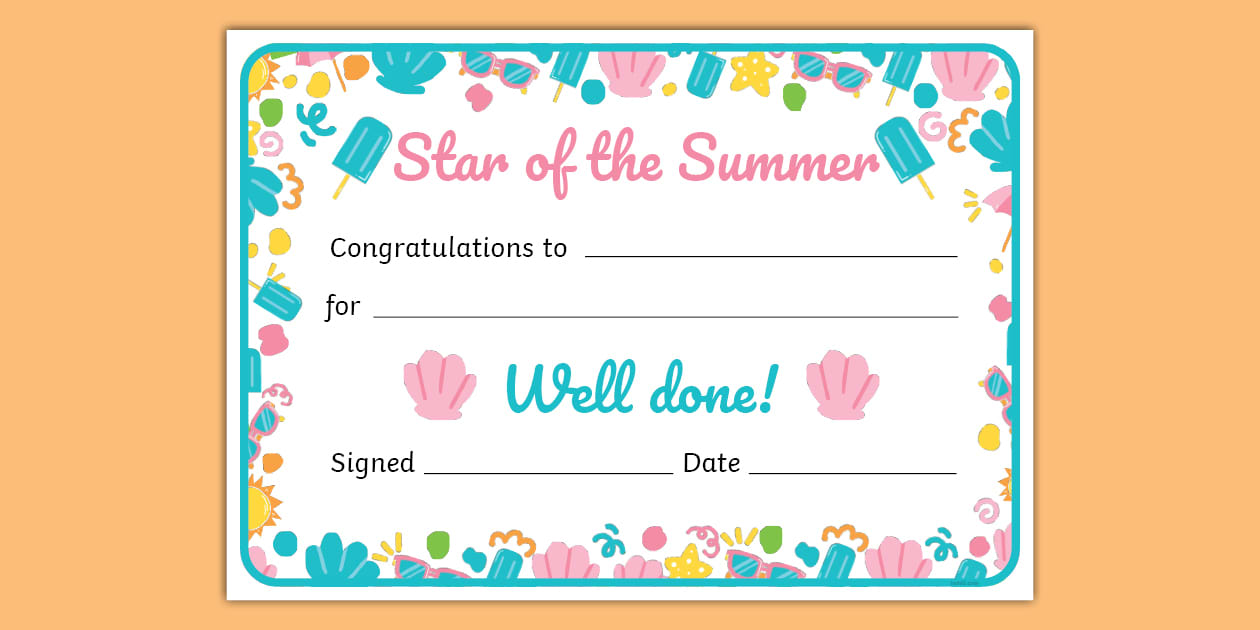 Summer Vibes Themed Star of the Summer Certificate - Twinkl