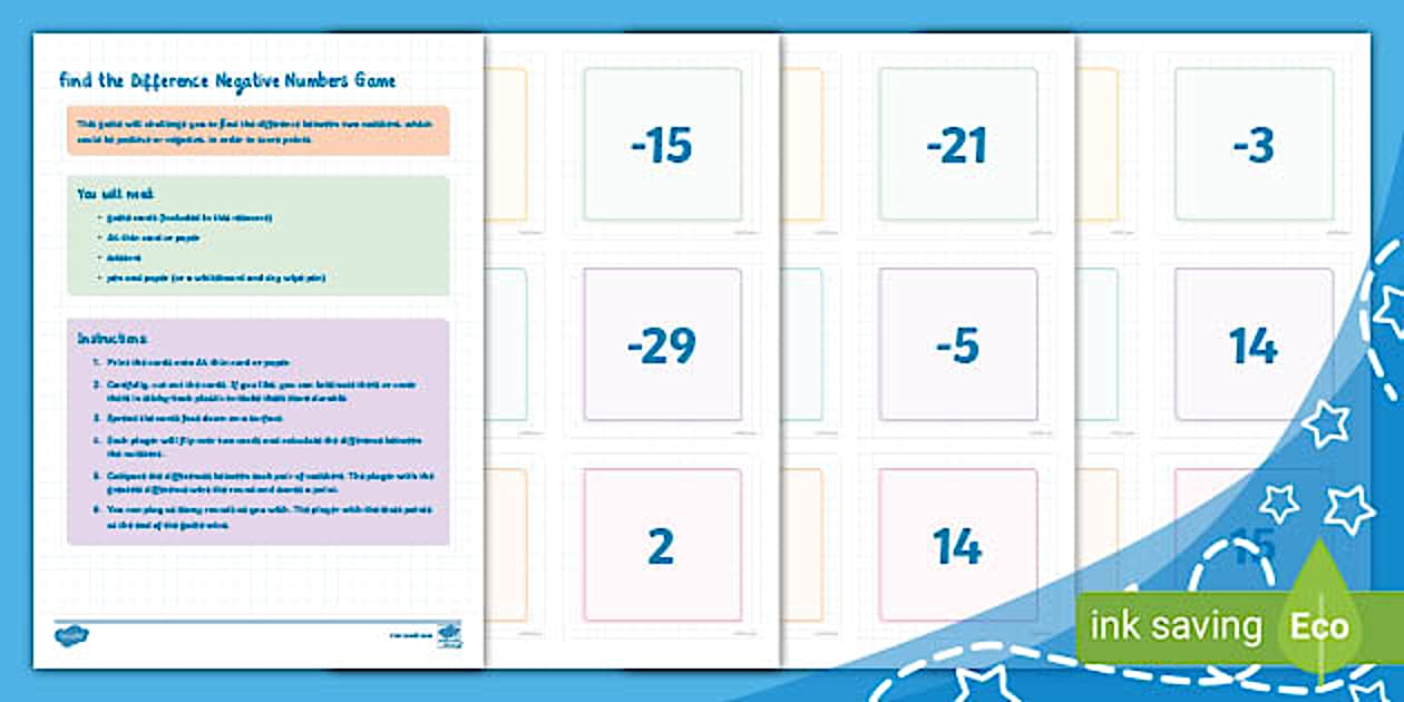 Find the Difference Negative Numbers Game (Ages 9 - 10)