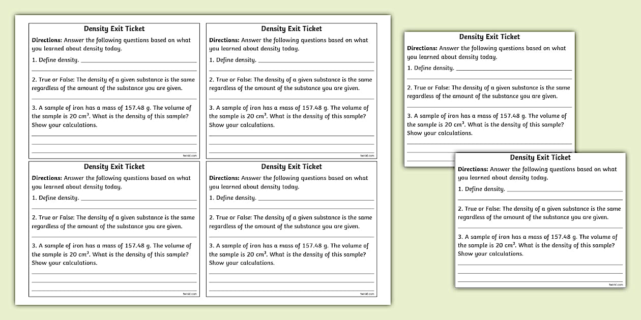 Sixth Grade Density Science Exit Ticket