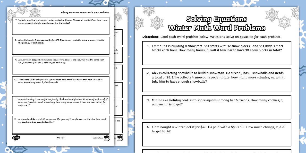 Sixth Grade Solving Equations Winter Math Word Problems