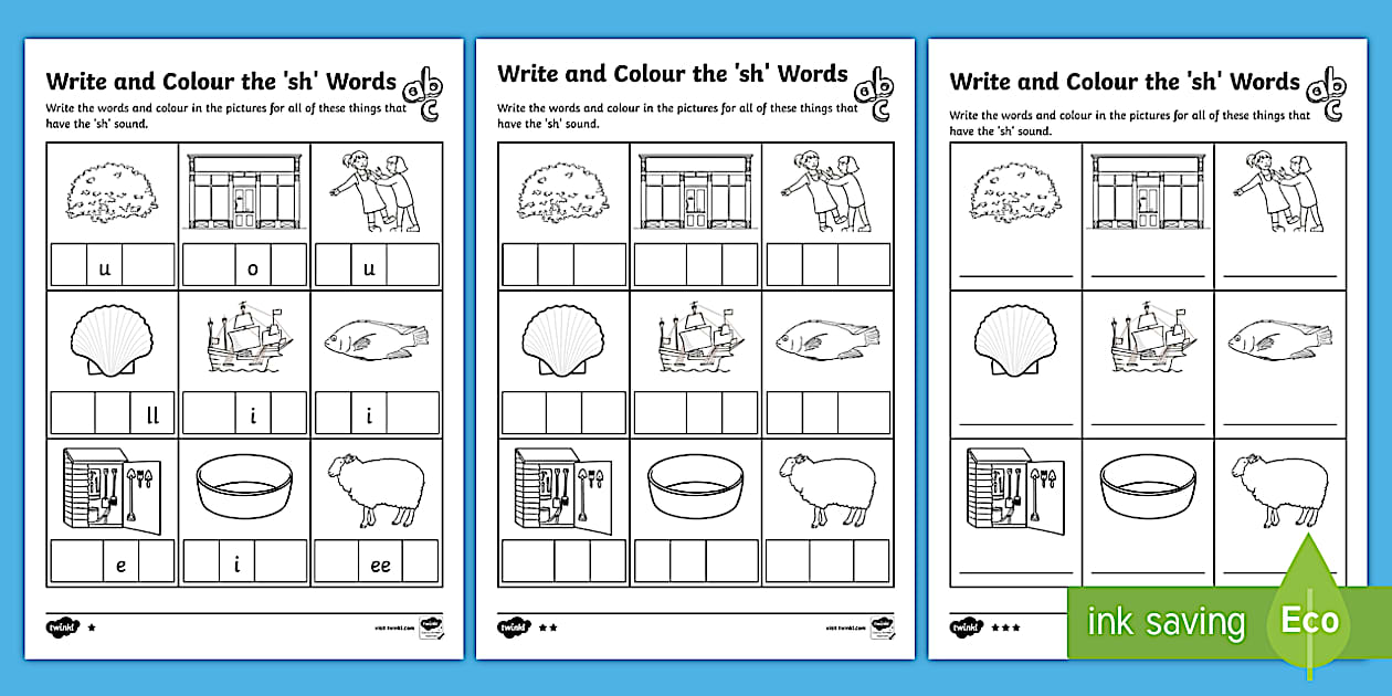 Write and Colour the 'sh' Words Worksheets (teacher made)