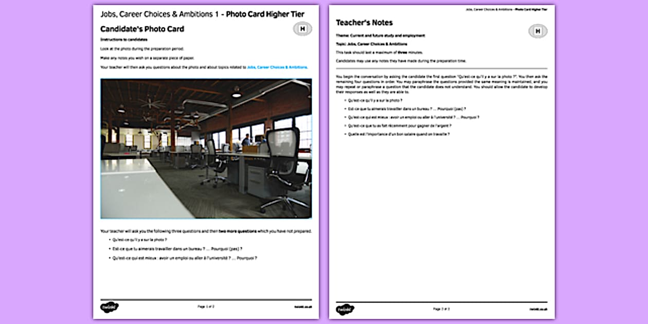 Editable Jobs, Career Choices and Ambitions 1 GCSE Higher Tier Photo-Card