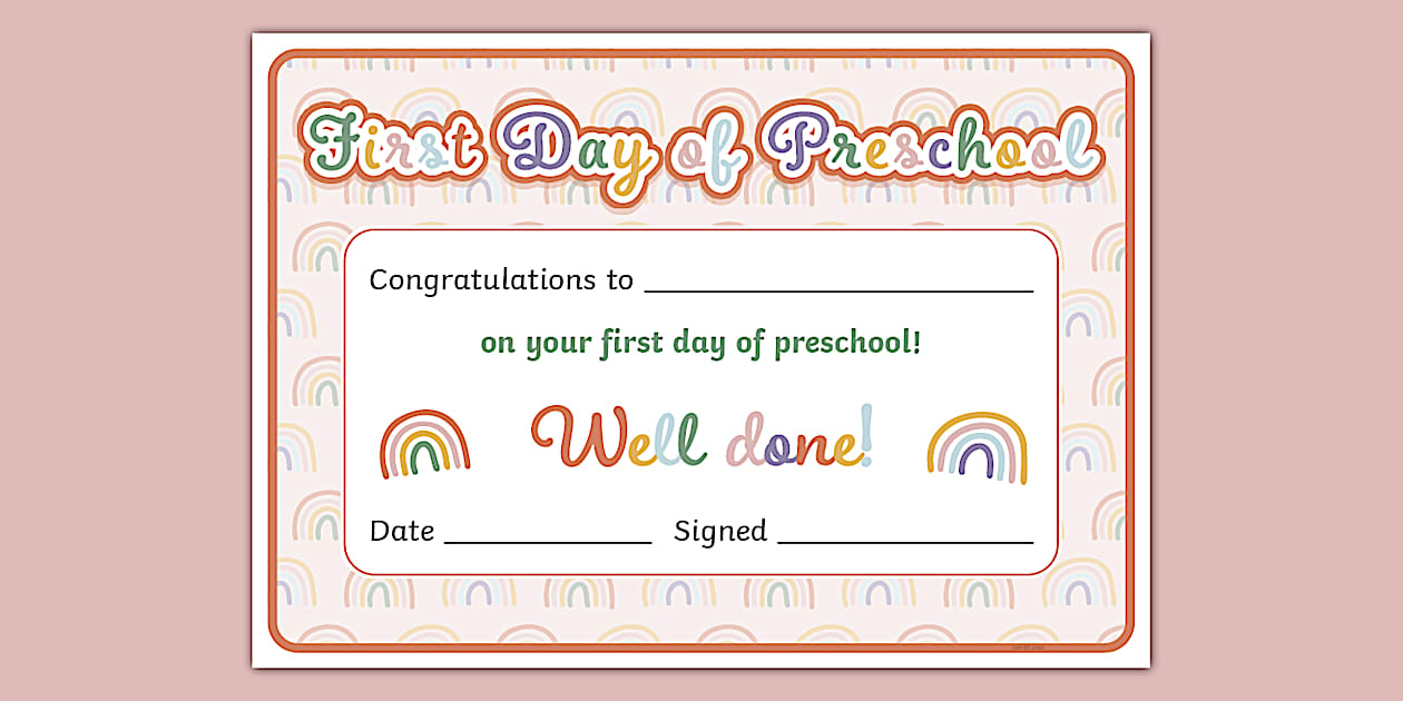 Muted Rainbow-Themed First Day of Preschool Certificate
