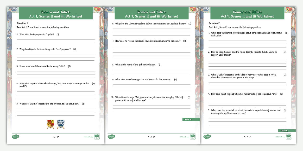 Romeo and Juliet: Act 1, Scenes ii and iii Worksheet