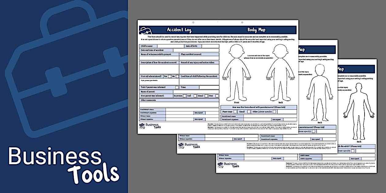 Accident Logs with Body Maps Pack for Private Childcare Settings