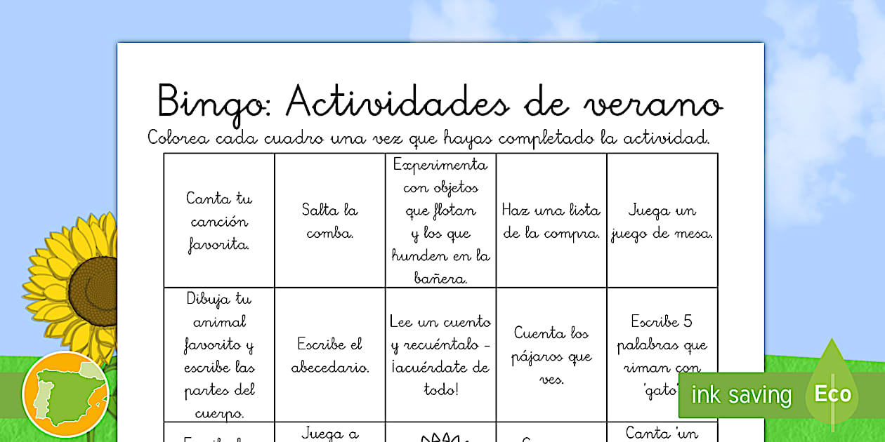 Ficha de actividad: Bingo - Actividades de verano - Twinkl