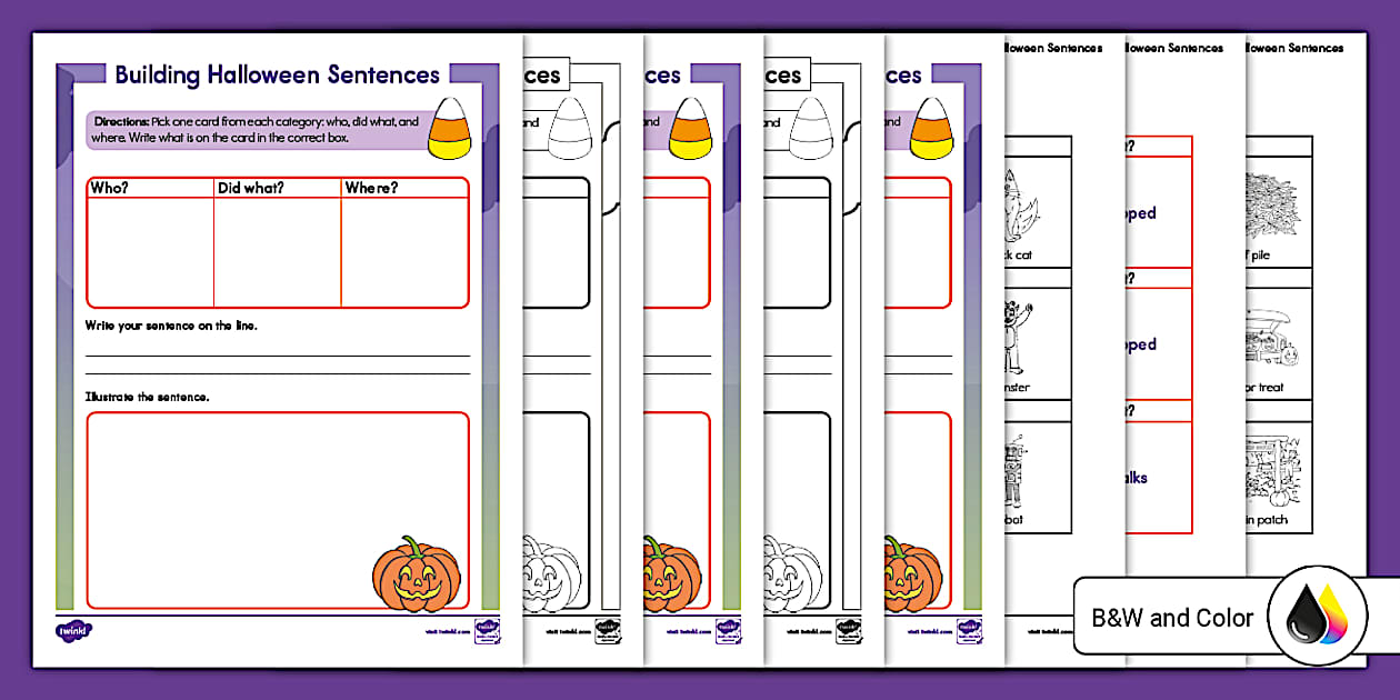 First Grade Building Halloween Sentences Worksheet - Twinkl