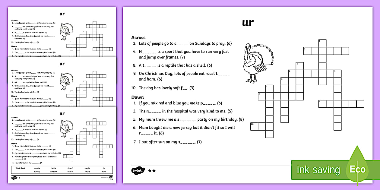 'ur' Digraph Differentiated Crossword (teacher made)