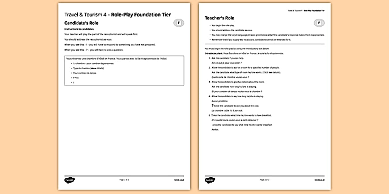 Travel and Tourism 4 GCSE Foundation Tier Role-Play French