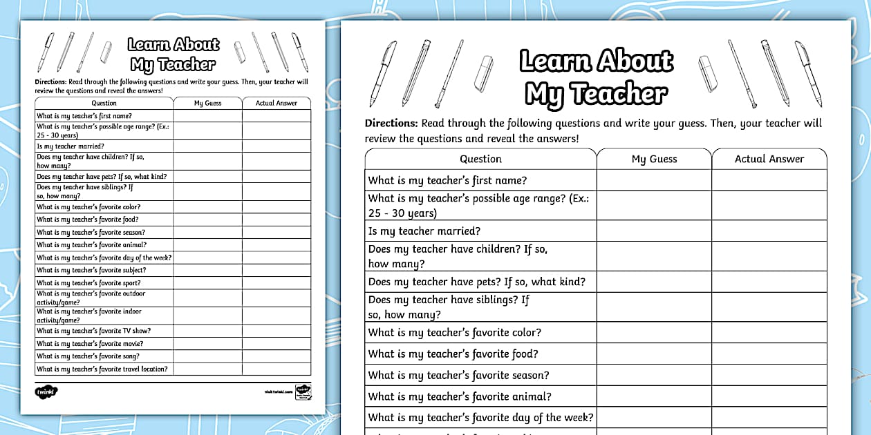Seventh Grade Back to School Learn About My Teacher Worksheet