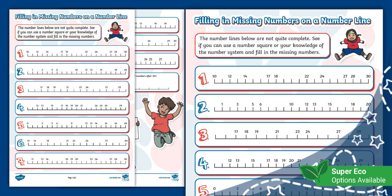Filling in Missing Numbers on a Number Line to 30 Worksheet