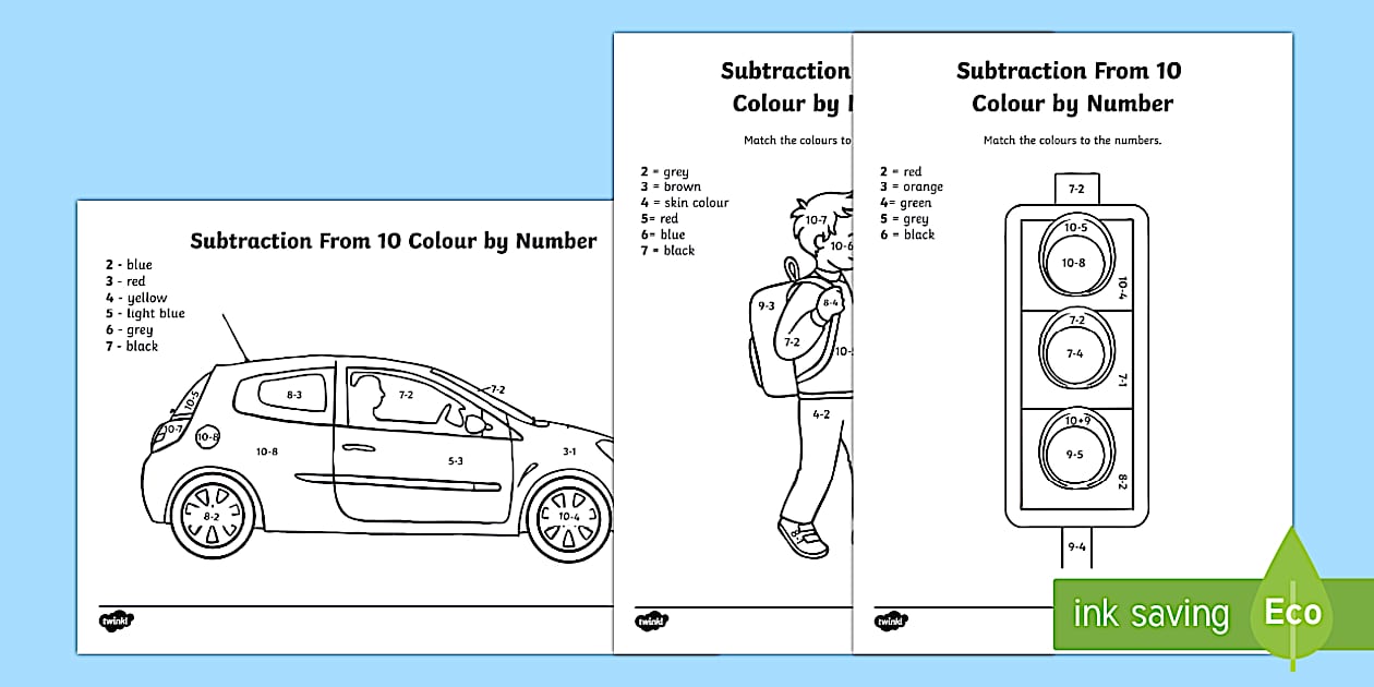 Road Safety Subtraction from 10 Colour by Number - Twinkl