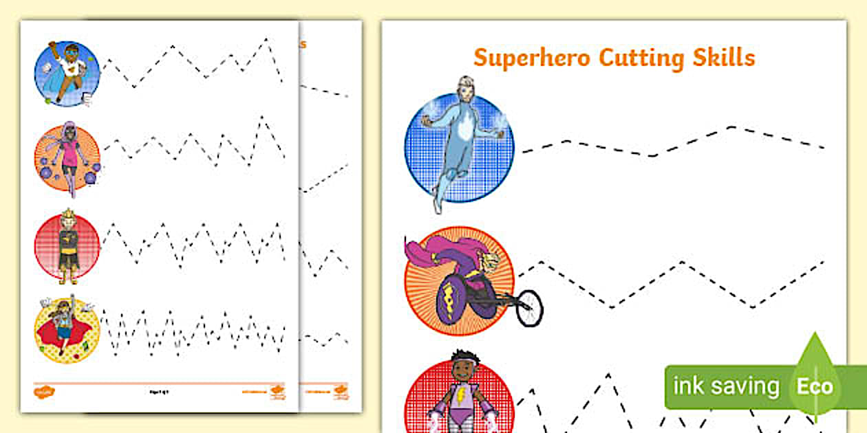 Black and White Superhero Zigzag Cutting Skills Worksheet