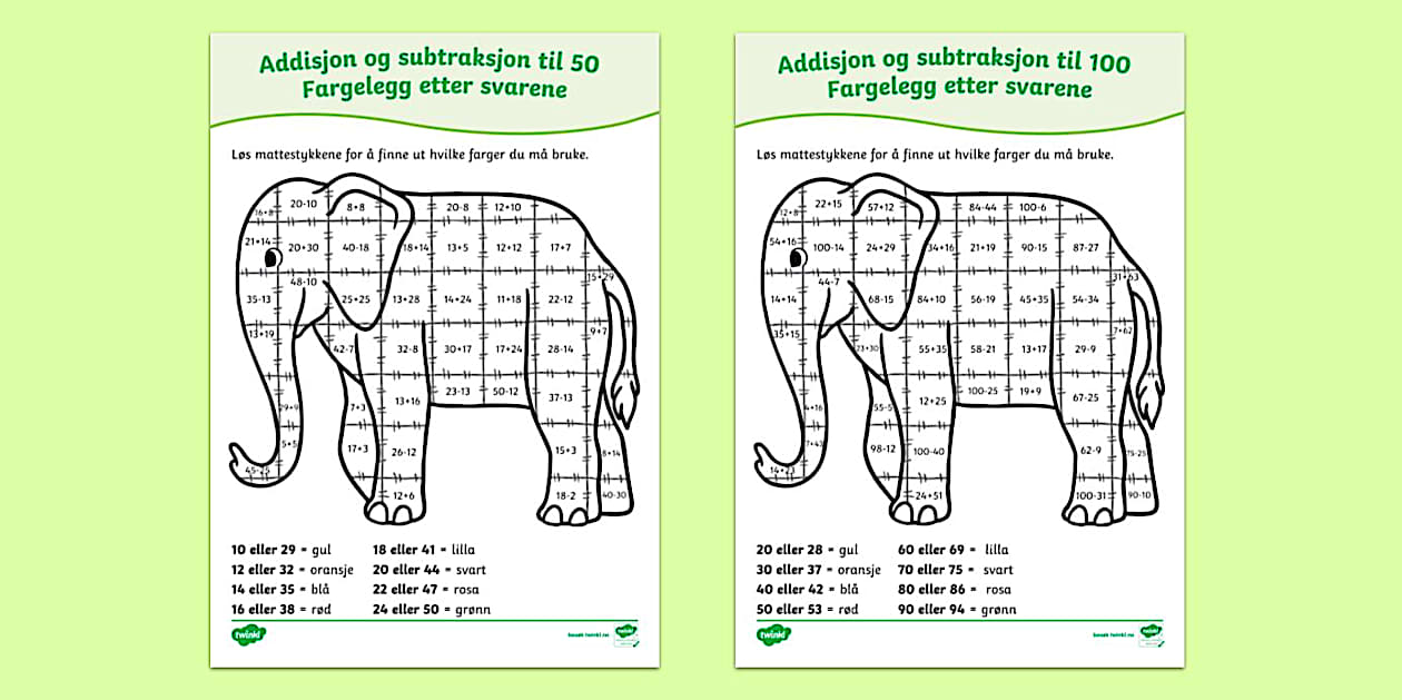 Fargerik elefant - addisjon og subtraksjon til 50 og 100