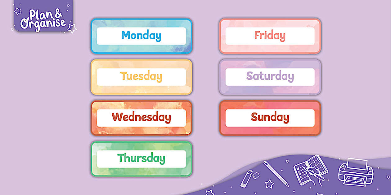 Watercolour-Themed Days of the Week Display Cards - Twinkl