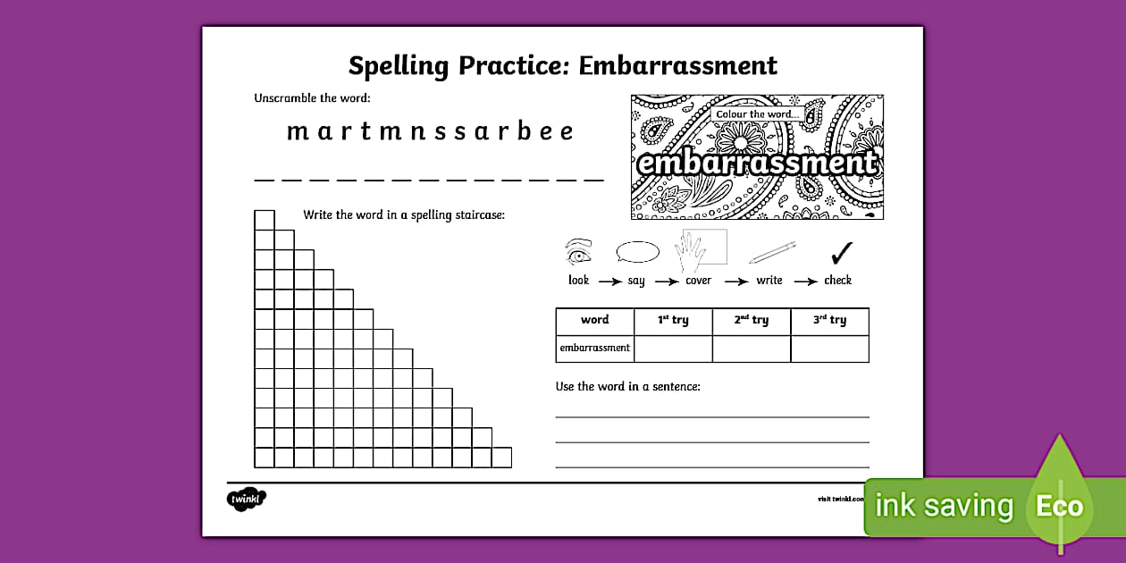 Embarrassment Spelling Practice Worksheet (Teacher-Made)
