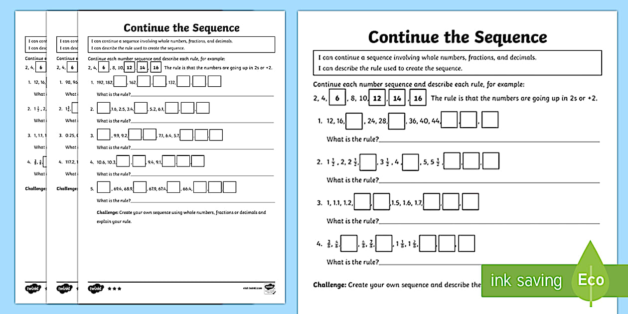 Continue A Sequence Using Whole Numbers Decimals And Fractions Differentiated