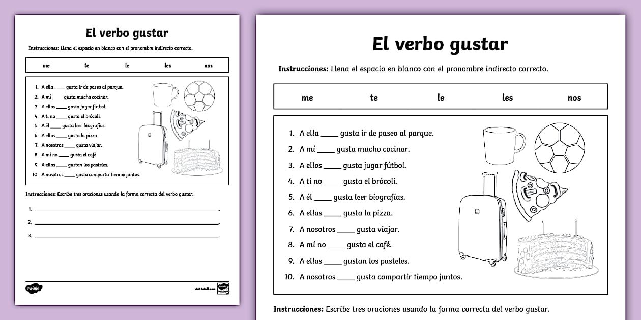 Ejercicio con el verbo "gustar" | Twinkl USA (teacher made)