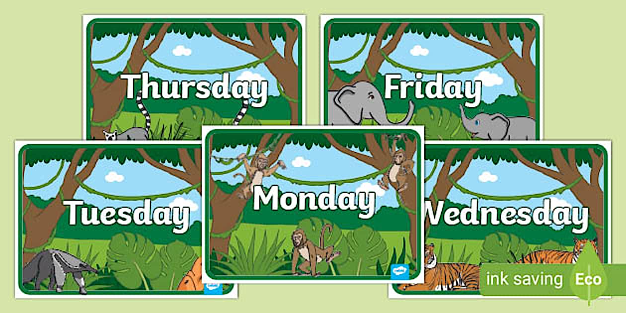Editable Jungle Themed Days of the Week Posters - Twinkl