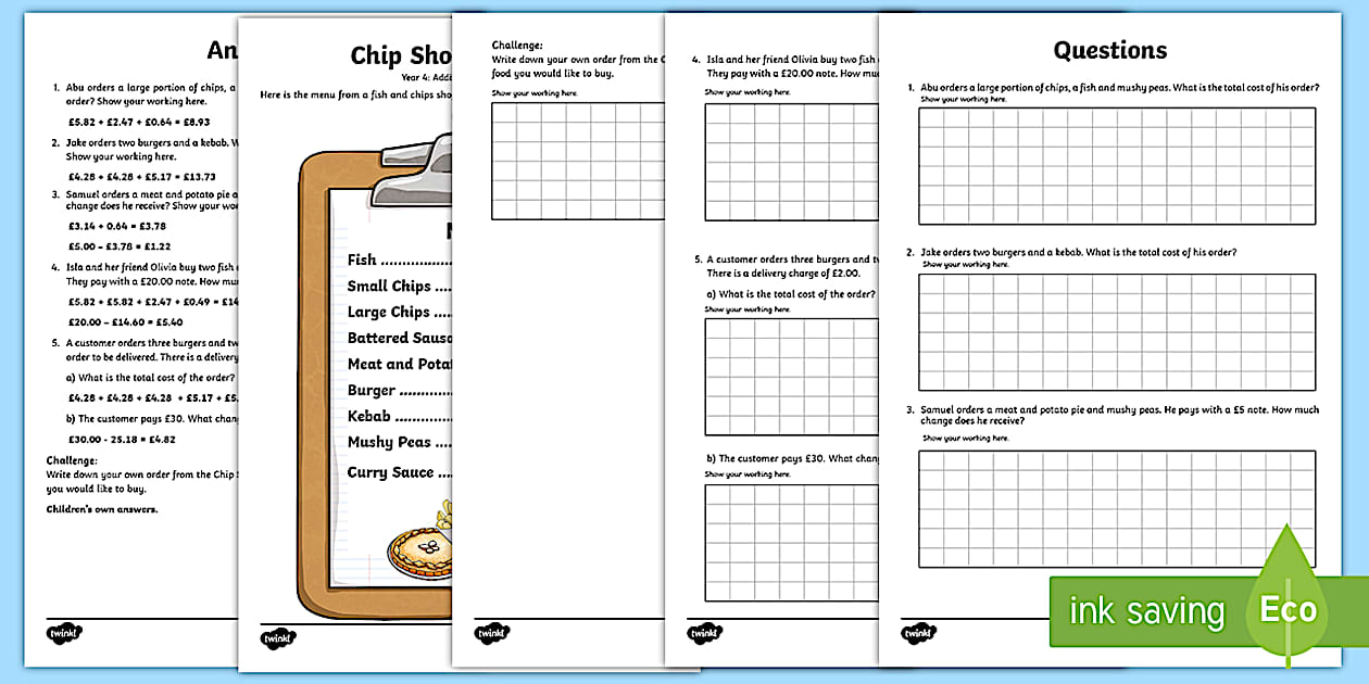 Editable Chip Shop Takeaway Worksheet (teacher made)