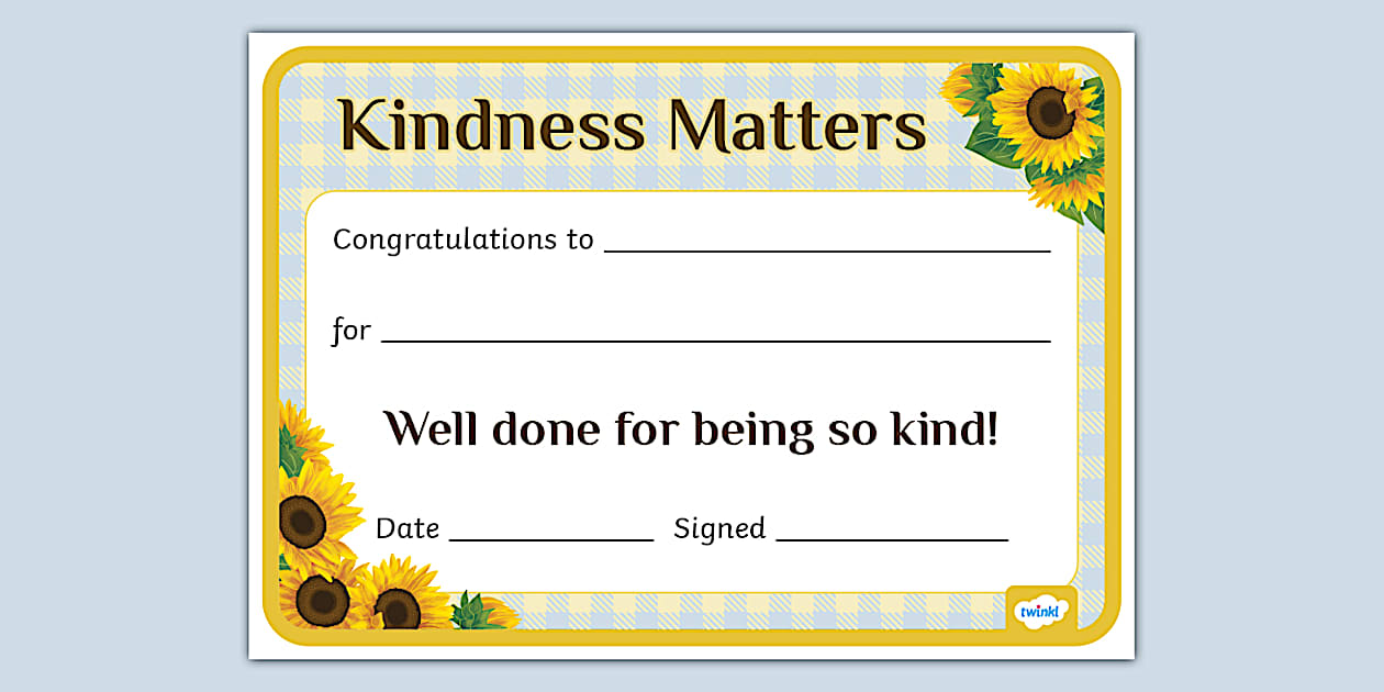 Sunflower-Themed Kindness Certificate (teacher made)