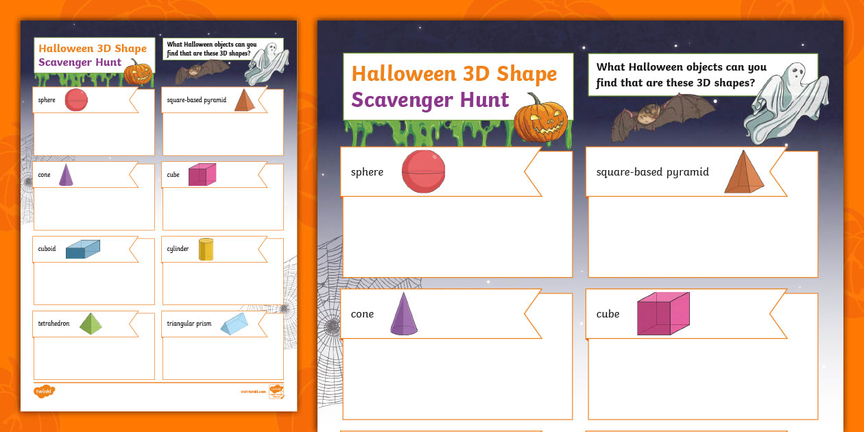 👉 Halloween 3D Shape Scavenger Hunt Worksheet - Twinkl