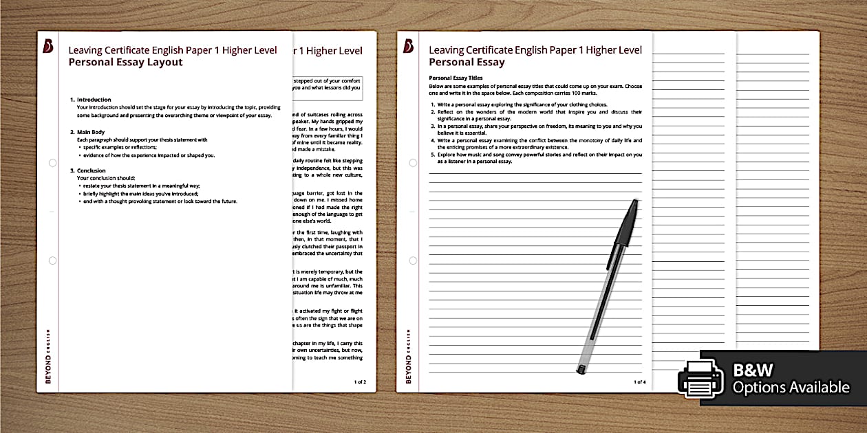 Leaving Certificate English Paper 1 Higher Level : Personal Essay Booklet