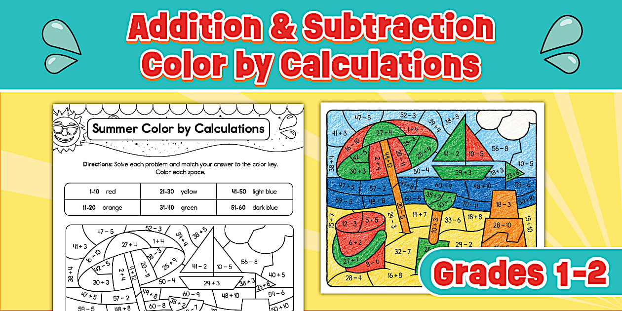 Summer Addition and Subtraction Color by Calculations