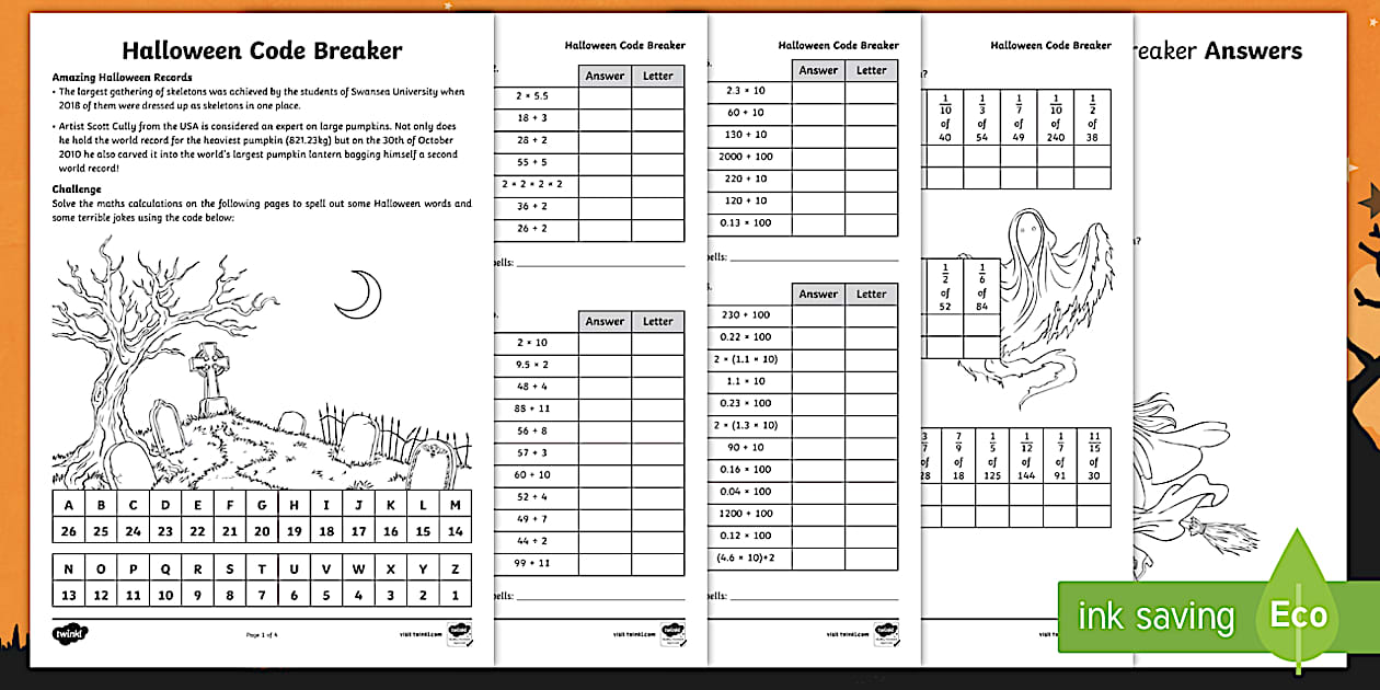 Editable Halloween Maths Codebreaker Worksheets - Twinkl
