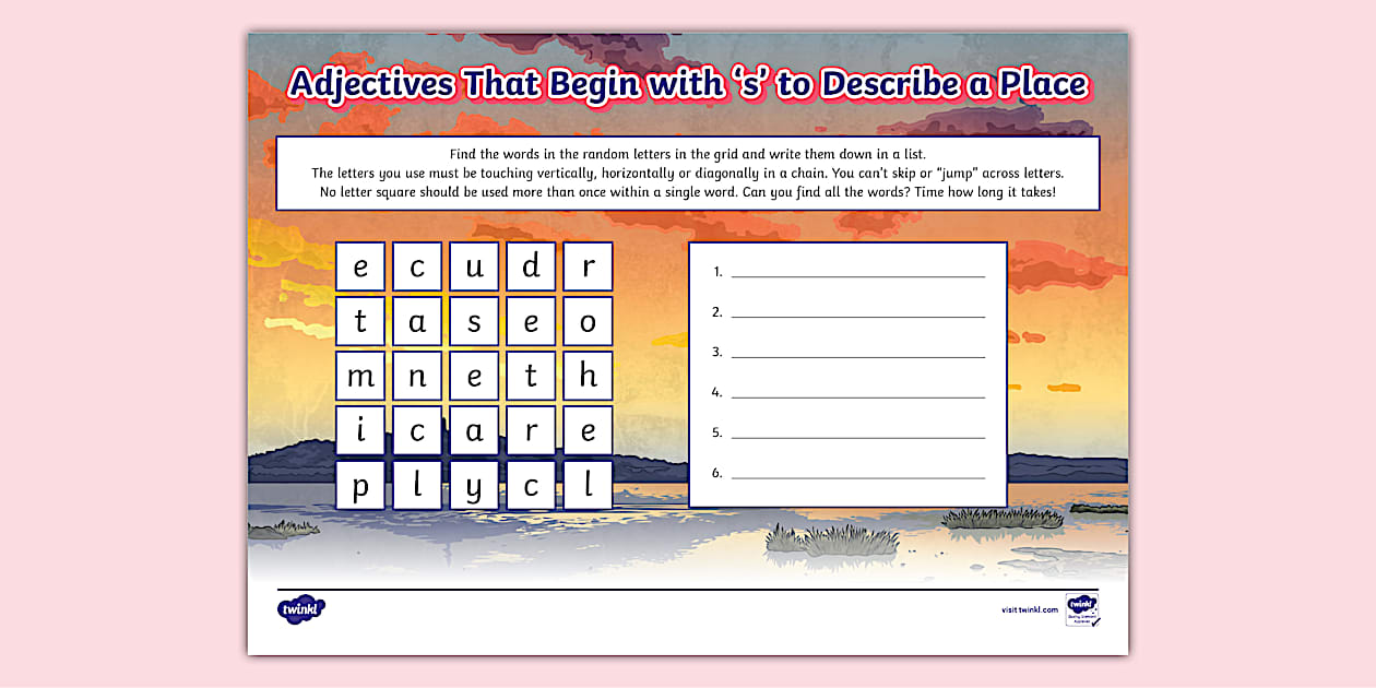 Adjectives That Begin with 's' to Describe a Place Word Grid Game