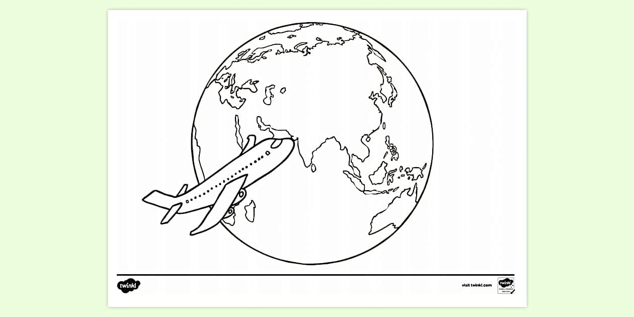 Plane Flying Across the Globe Colouring Sheet | Twinkl