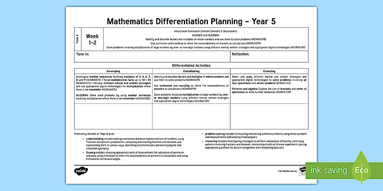 Editable Year 5 Multiplication Mathematics Differentiated Plan