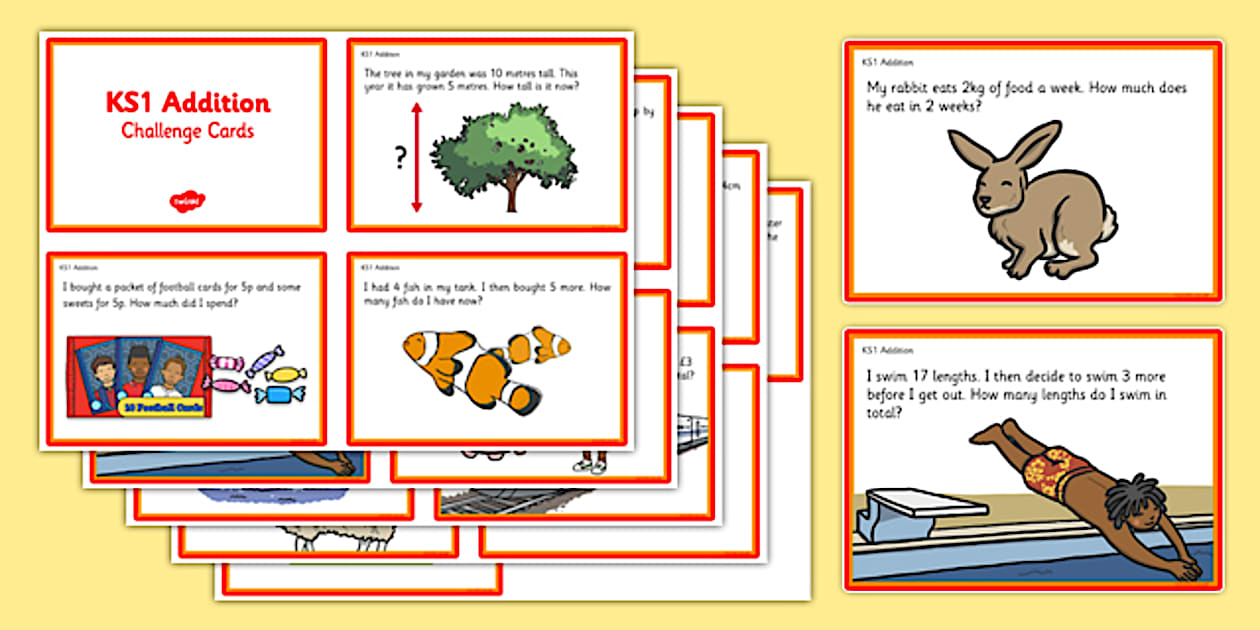 Black and White KS1 Addition Maths Challenge Cards - Twinkl