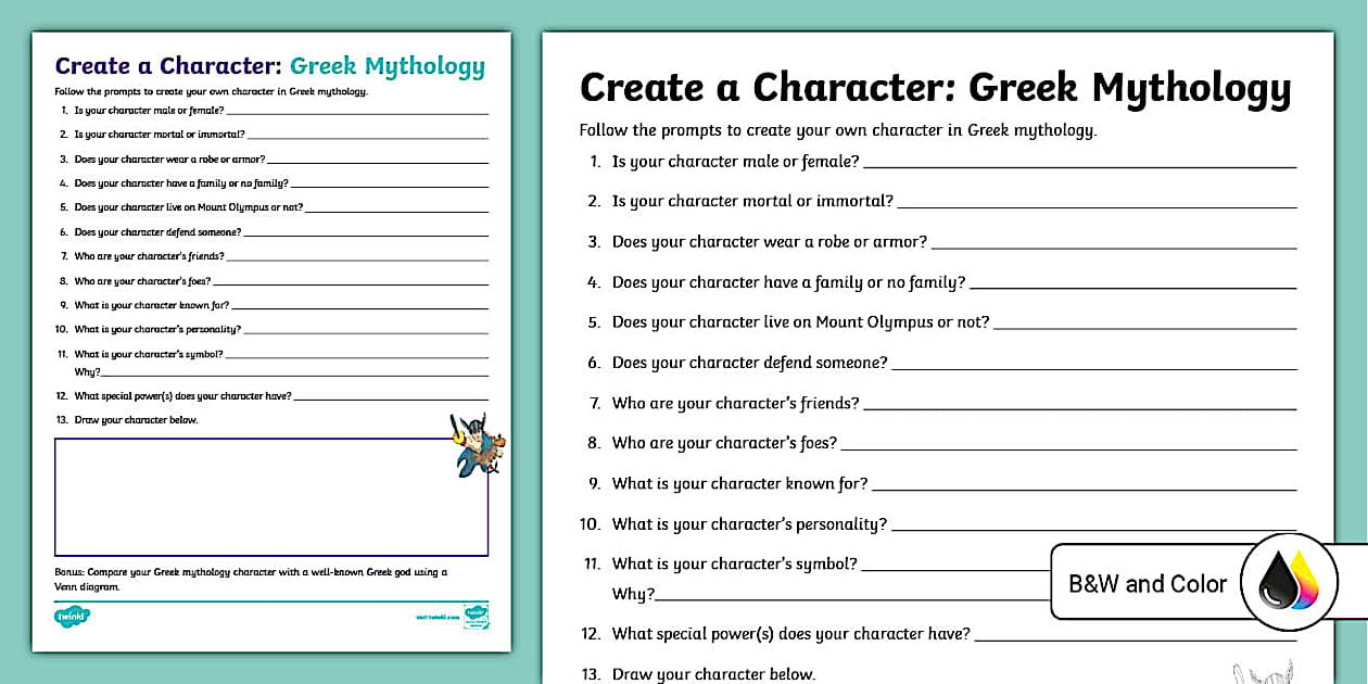 Greek Mythology: Create a Character Worksheet for 3rd-5th Grade