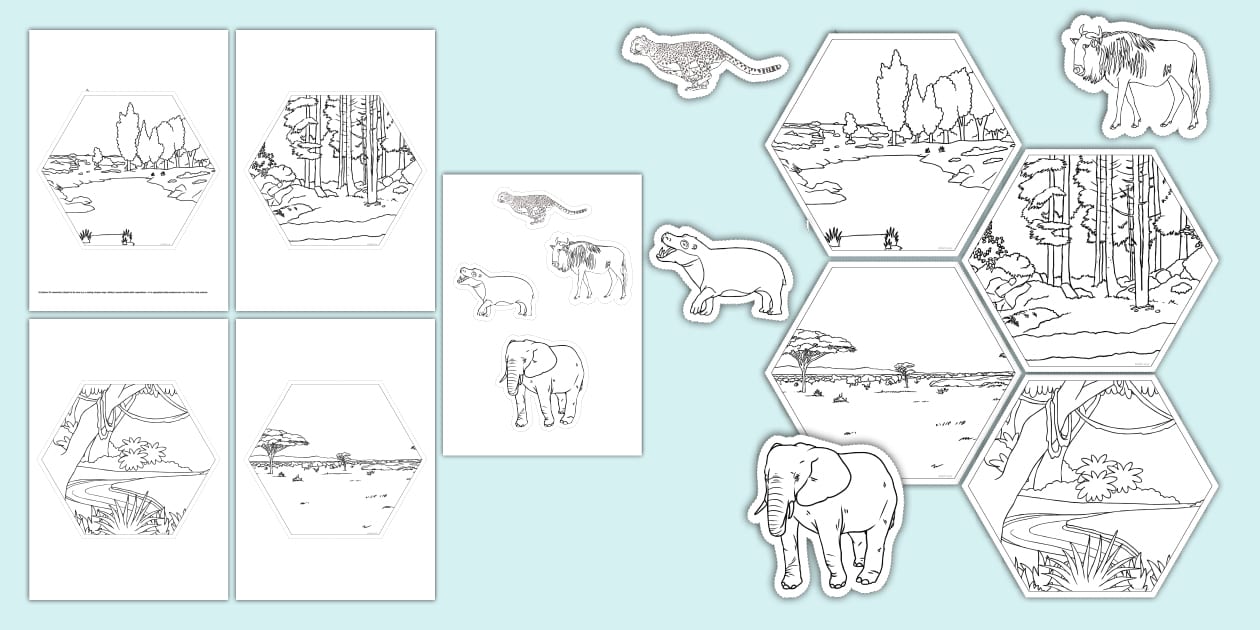 Wild Animals Hexagon Display Colouring Activity - Twinkl