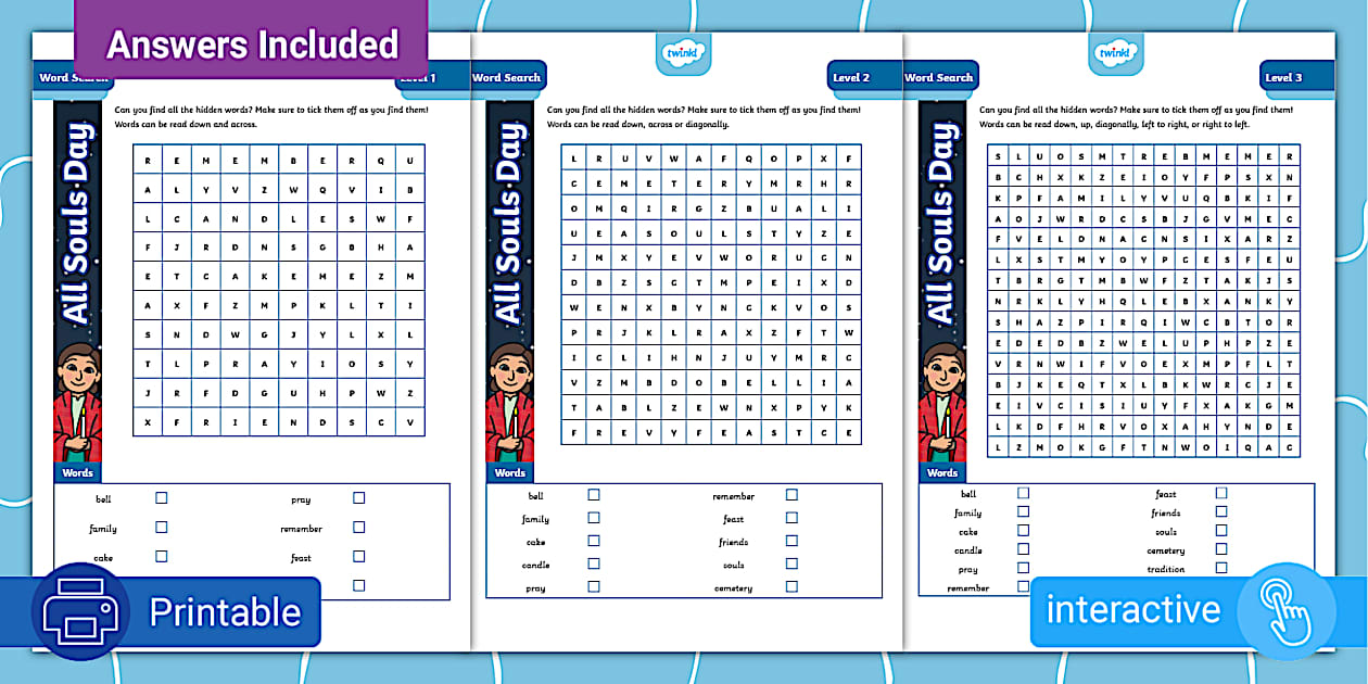 All Souls Day Word Search – All Levels -Twinkl Kids Puzzles