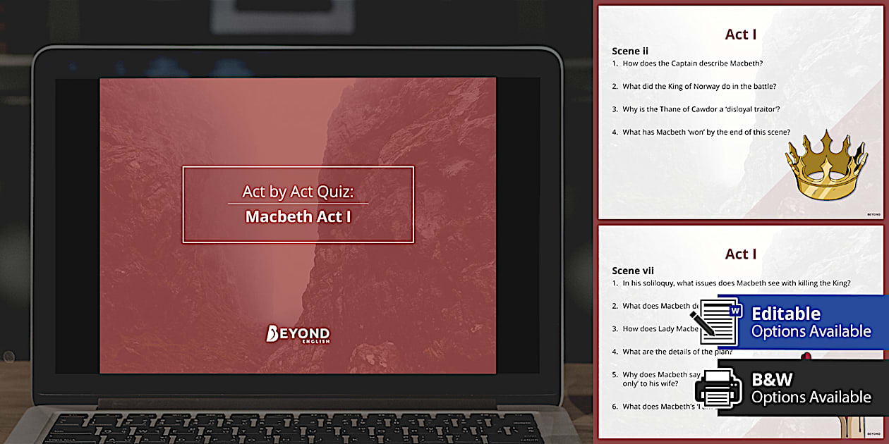 GCSE Macbeth Plot Revision Quiz Act I PowerPoint - Twinkl