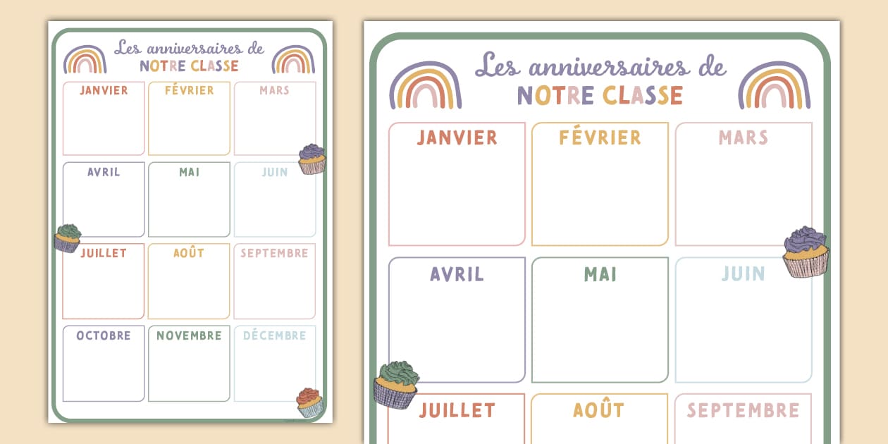 Affiche : Les anniversaires de notre classe - arc-en-ciel