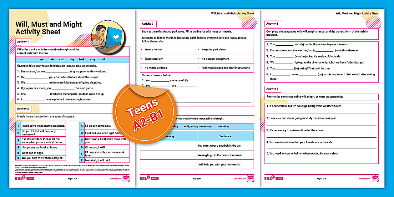 Modal Verb Activity Sheet for Teens: Must, Will and Might