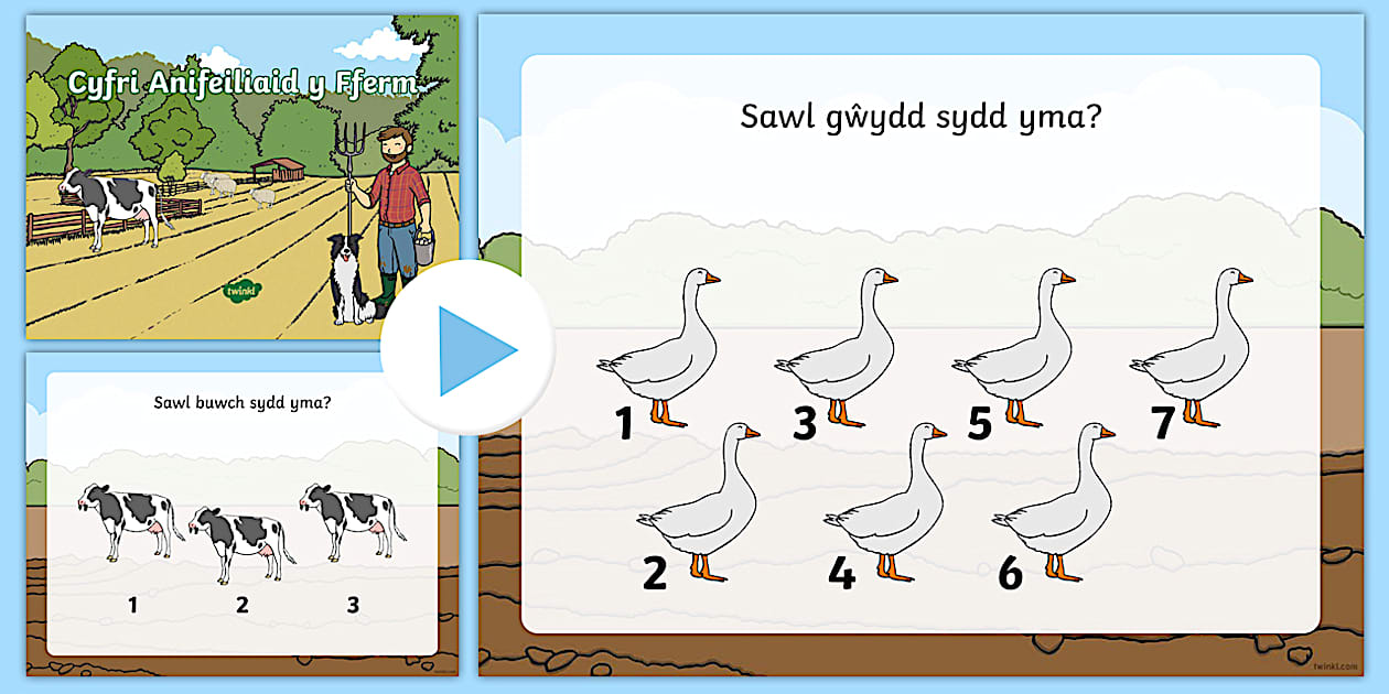 Counting Farm Animals up to 10 PowerPoint Welsh - Twinkl